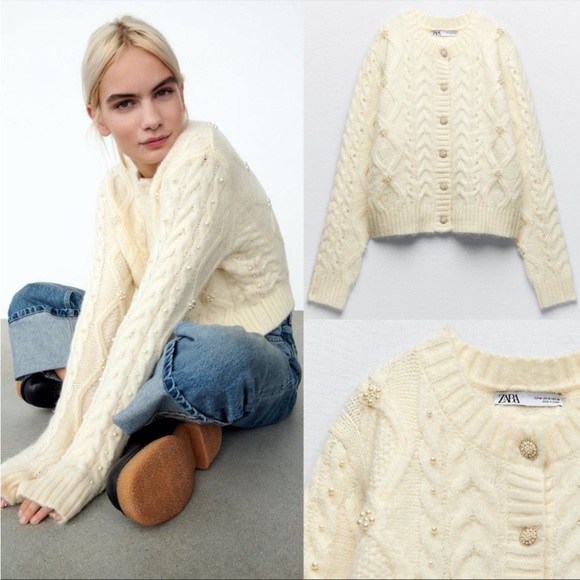 Zara | Sweaters | New Zara Knitwear Pearl Rhinestone Jewel Button Cable ...
